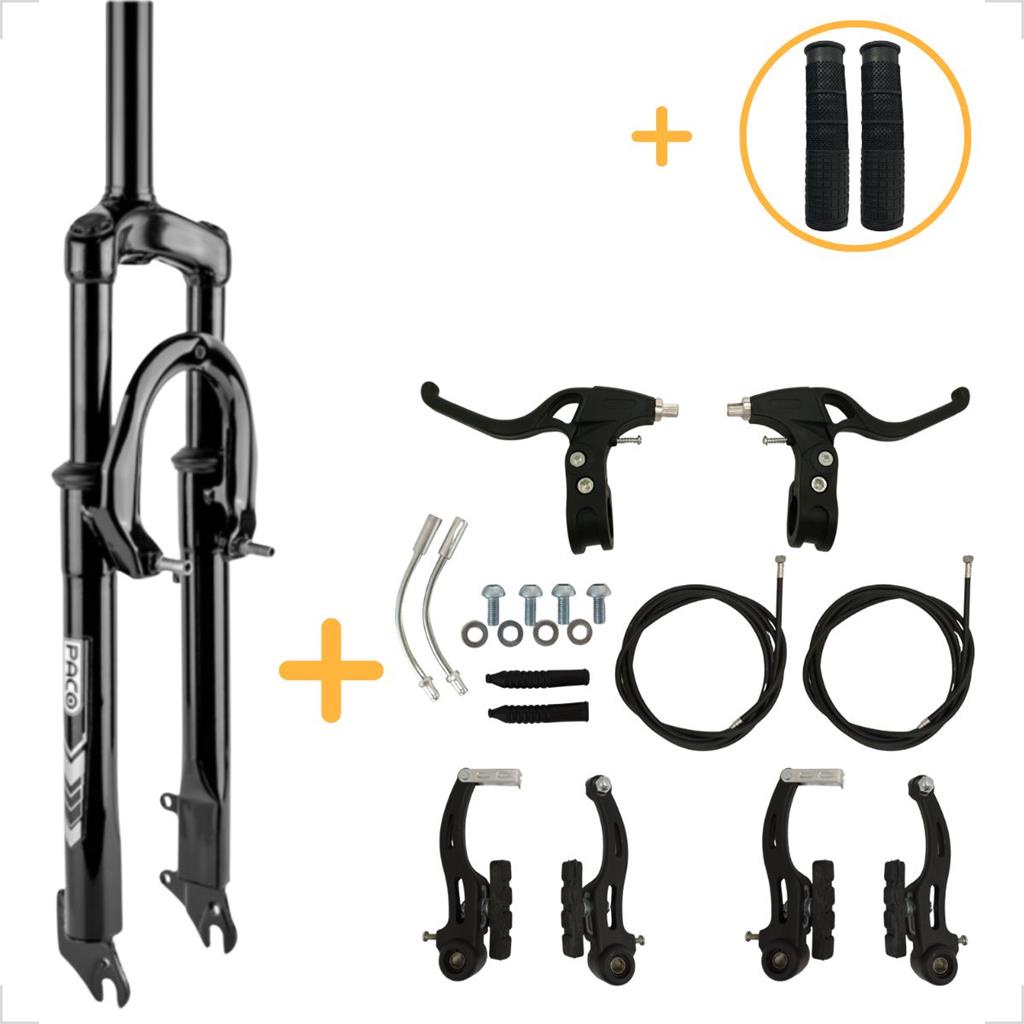 Kit Garfo Suspensao Bike MTB Standard Aro 26 + Kit Freios V-Brake Completo - Faz a Boa!