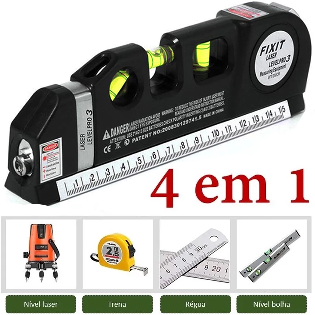 Nível De Mão Com Laser, Bolha, Trena Régua 4 em 1 Nivelador ...