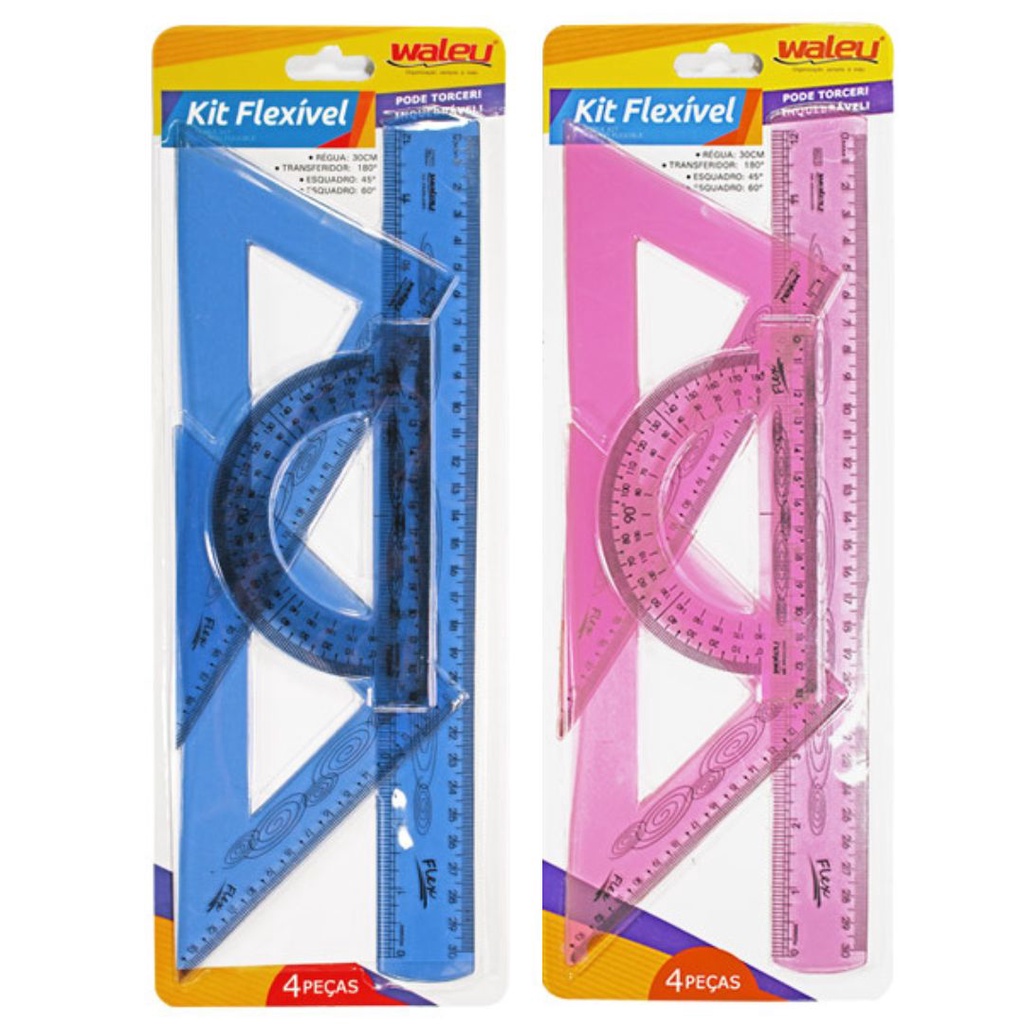 Kit Régua, Esquadros e Transferidor Flexível Waleu 4 peças | Shopee Brasil