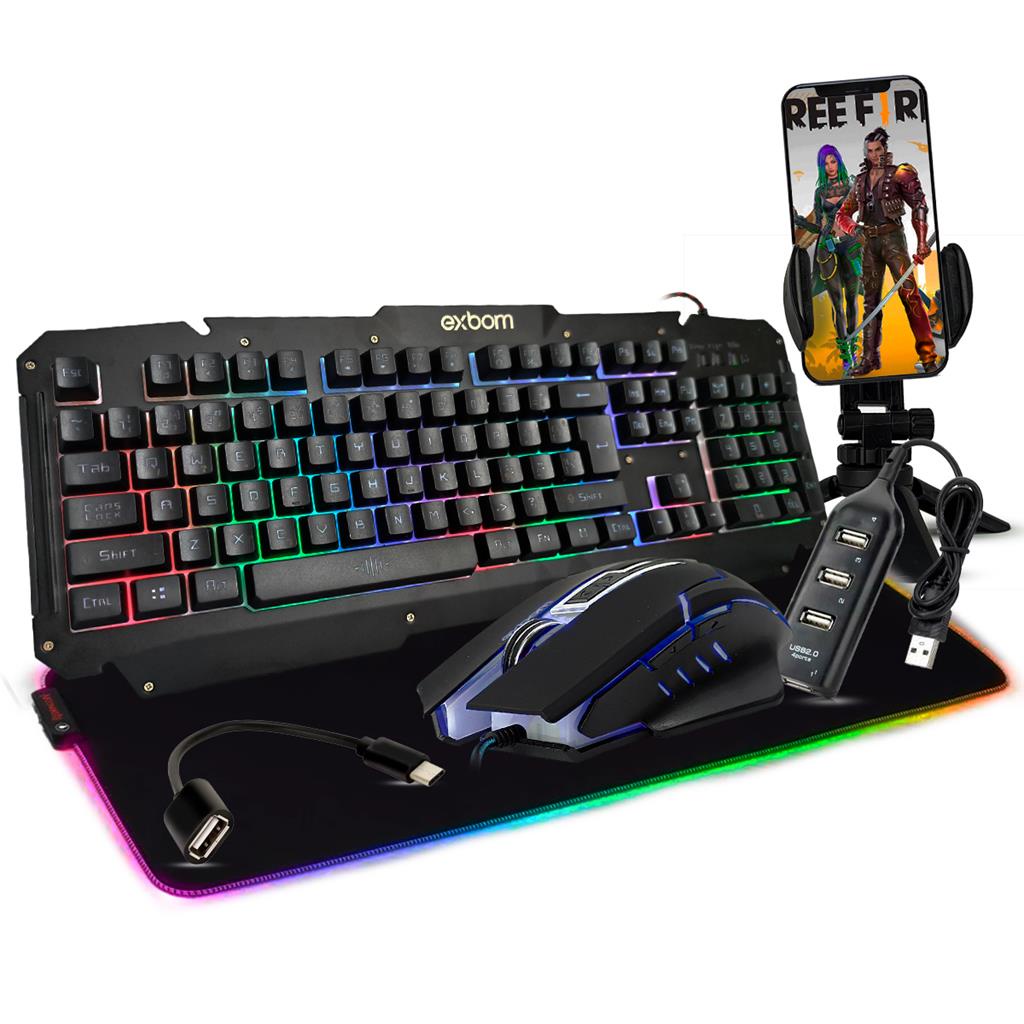 Kit Gamer Mobilador Teclado E Mouse RGB Exbom OTG Tipo C + Mouse Pad ...
