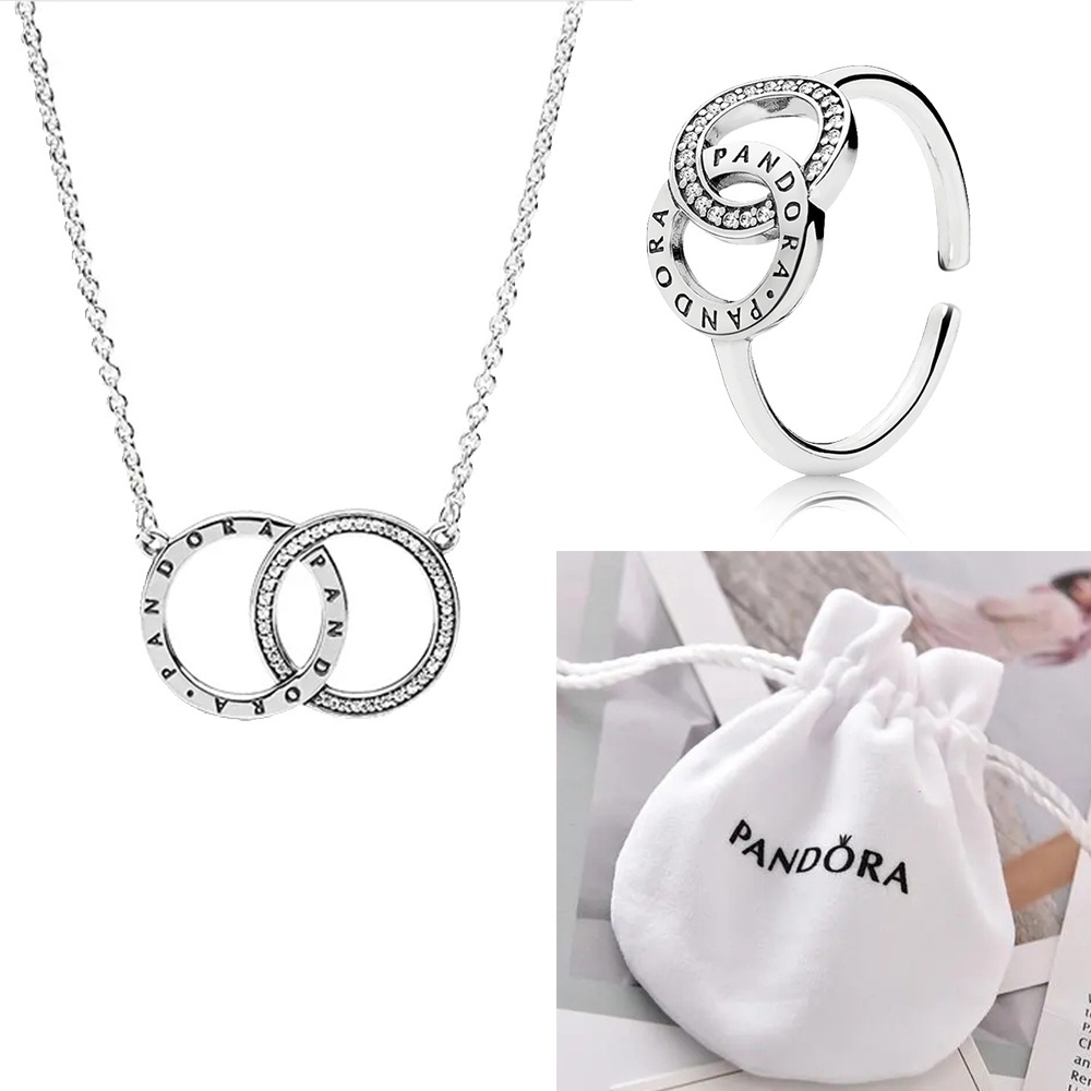 Kit Conjunto Colar E Anel Pandora De Círculo Duplo De Prata 925 Com ...