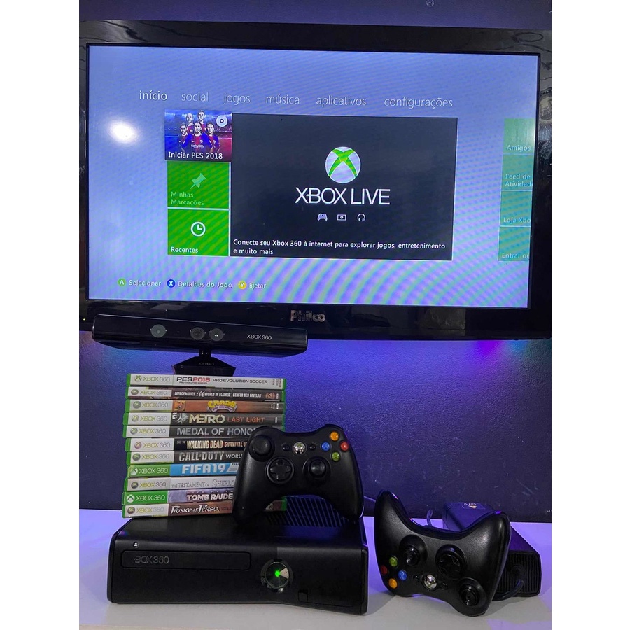 Xbox 360 Completo | 2 Controles 10 Jogos Kinect 250gb | Shopee Brasil
