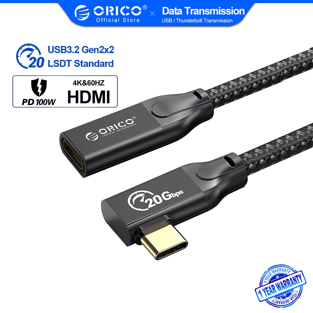 Cabo De Extensão ORICO USB C Em Ângulo Reto Extensor 20Gbps Transferência USB3.2 Gen2 * 2 100W ...