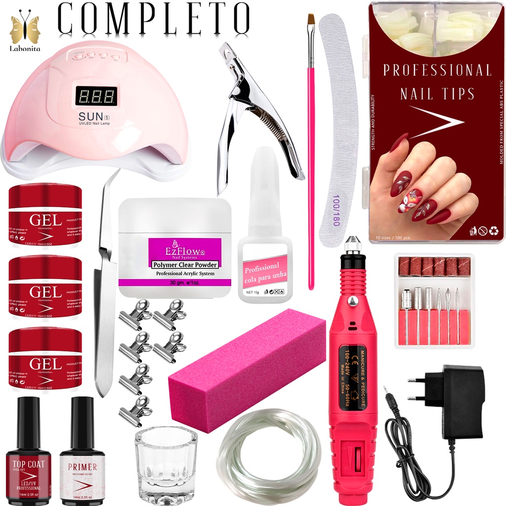 Kit de Unha Gel Completo Acrigel Porcelana Fibra de Vidro com Motor de ...
