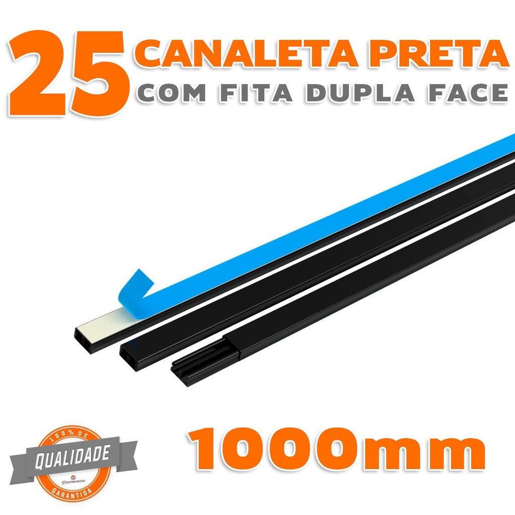 Kit 25 Canaletas PVC Preto com Fita Dupla Face de 1 Metro | Shopee Brasil