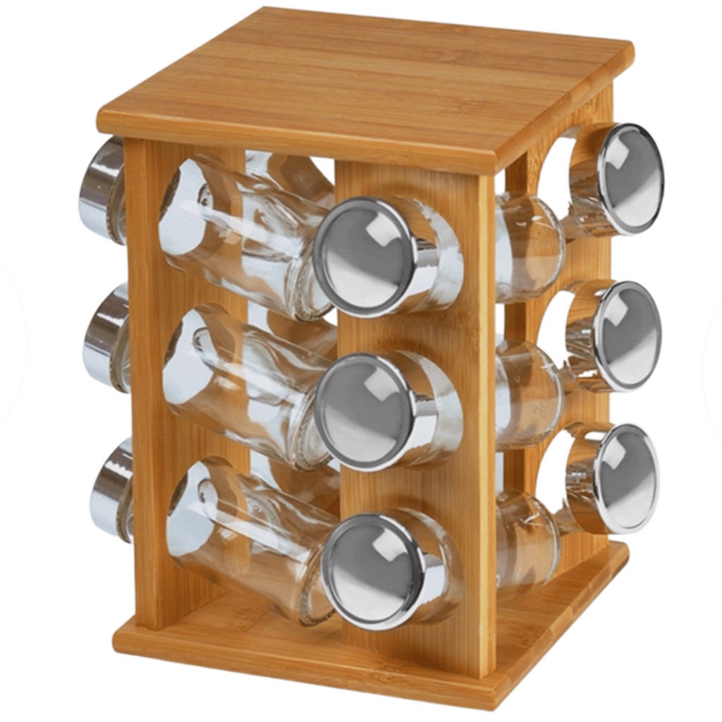 Porta Condimentos temperos em Bambú 12 Potes de Vidro Base Giratória ...