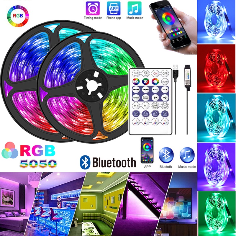 Fita LED 5050/2812 RGB 20M Full SET Com Controle Bluetooth IR Remoto 28 Teclas DC12V5A APP ...