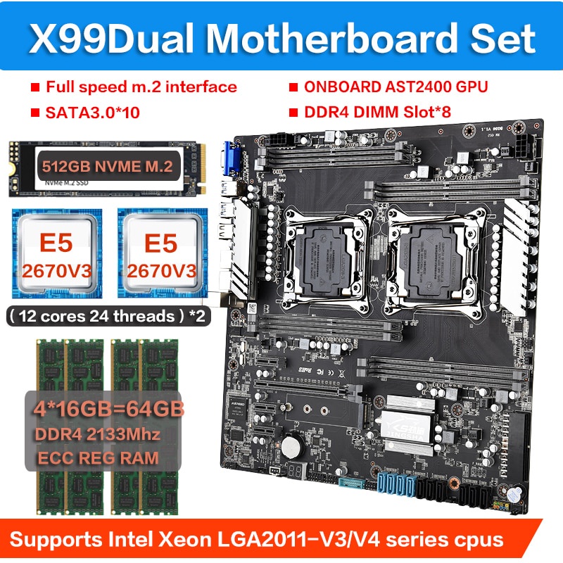 X99 dual motherboard kit 2pcs xeon e5 2670 v3 processador 4*16gb ddr4 ...