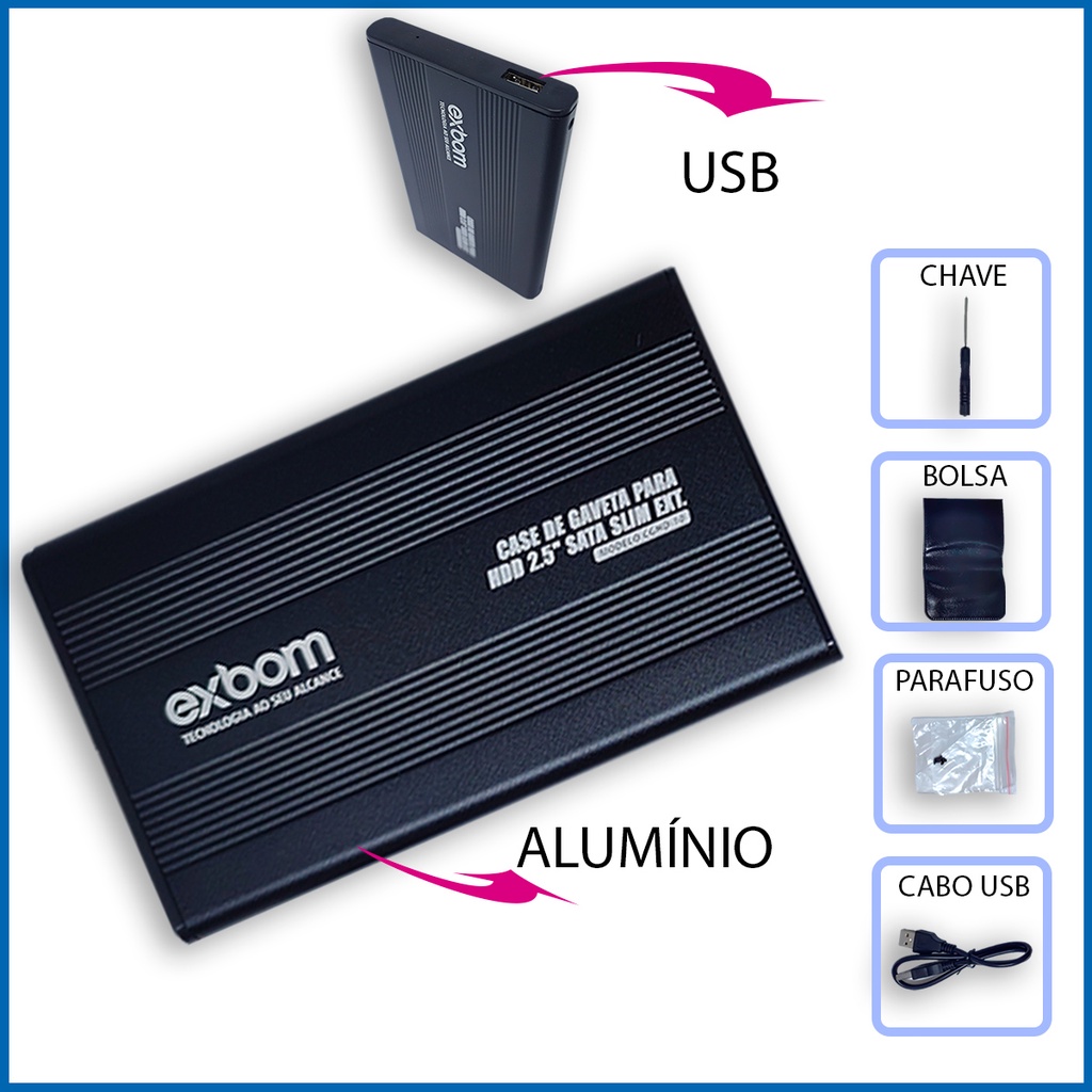 Case Hd Externo Notebook Sata 2.5 Usb 2.0 Gaveta Hd Slim Alumínio Chave ...