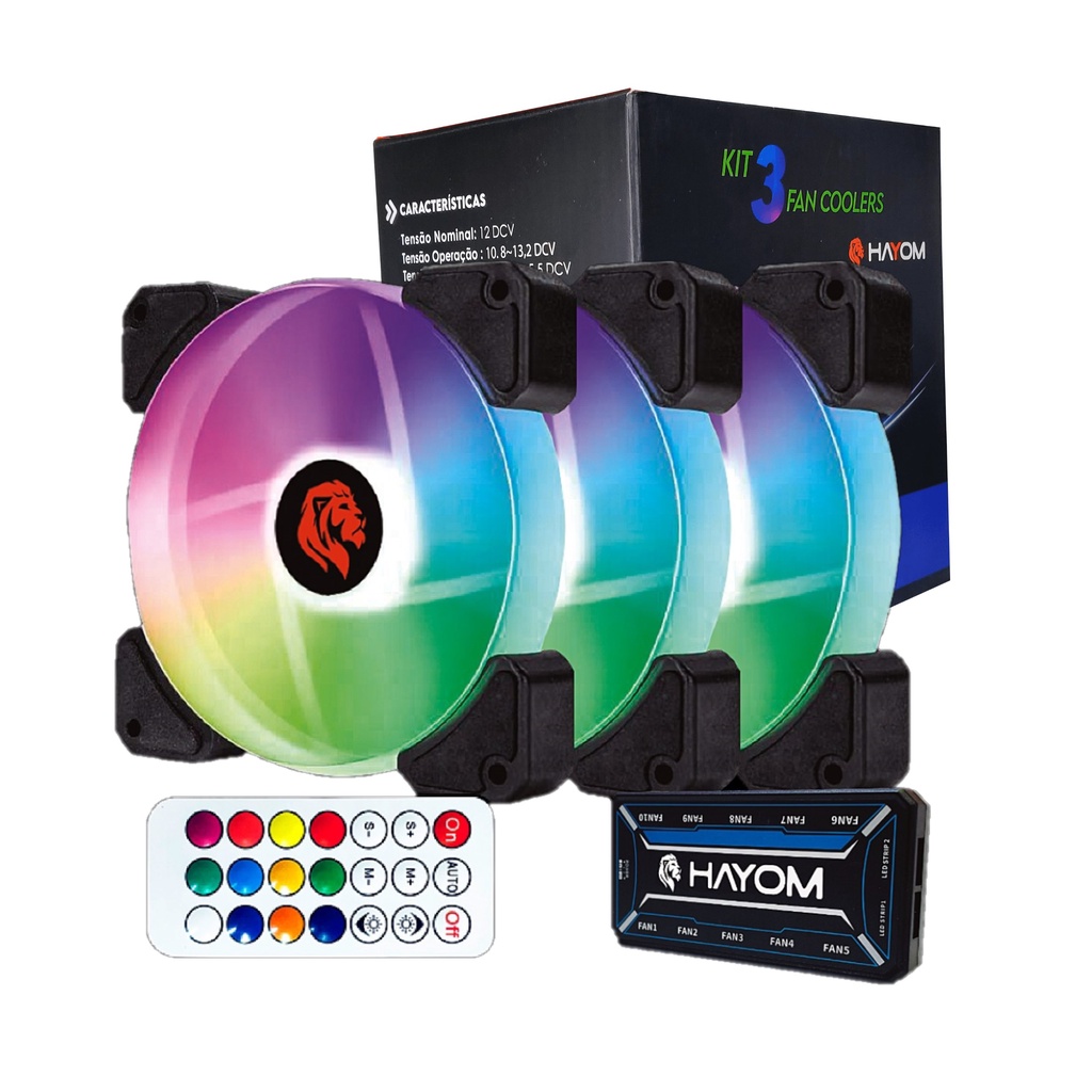 KIT 03 COOLER FAN RGB 12CM 6PINOS + CONTROLADORA E CONTROLE HAYOM ...