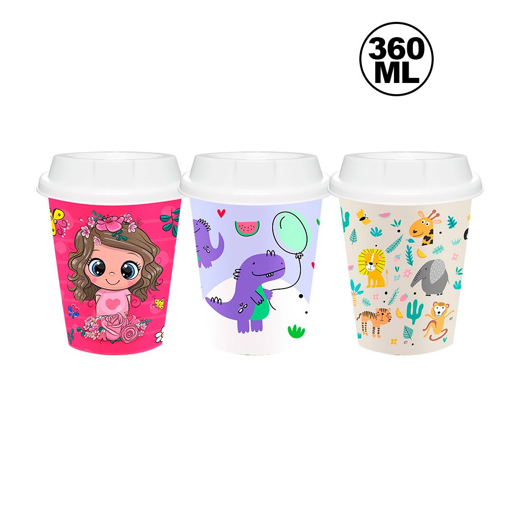Kit 12 Copos Decorado Com Tampa Diversas Estampas 360ML | Shopee Brasil