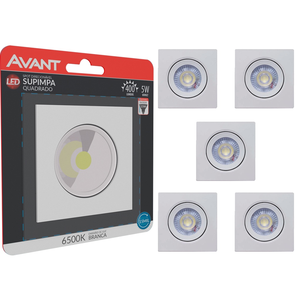 Kit 5 Spot Led Emb Quadrado 5W 6500K Bivolt Branco Frio Avant | Shopee ...