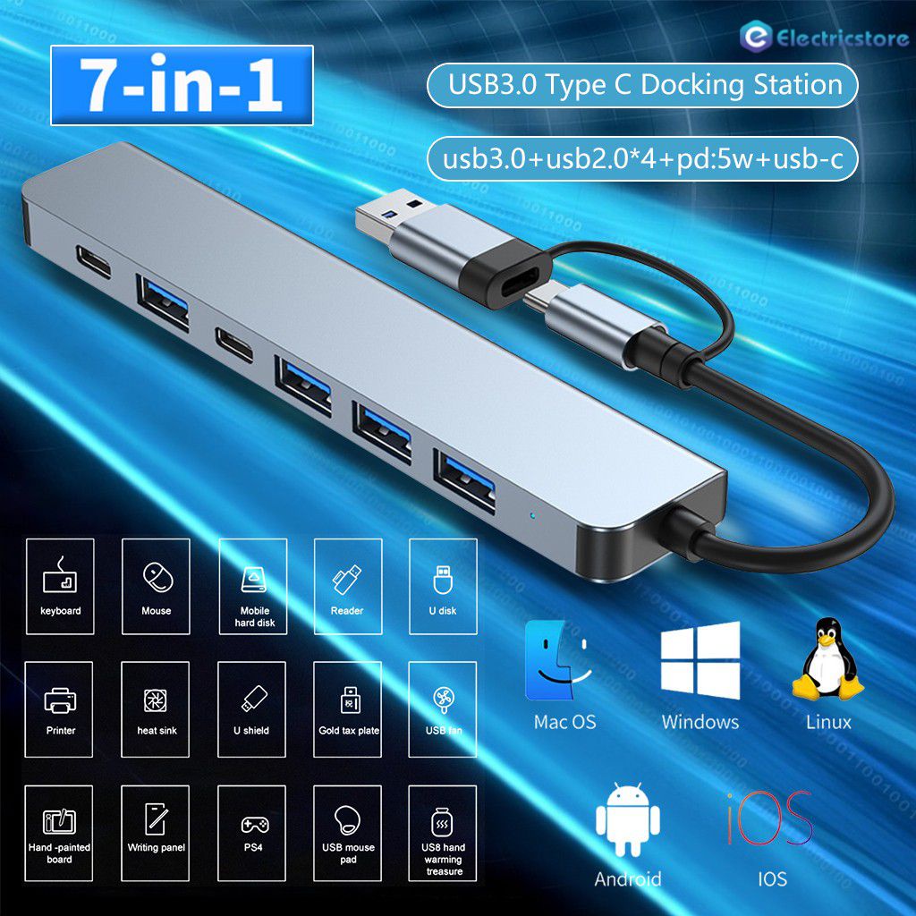 7 em 1 Tipo C Hub Usb C 3.0 Sd Leitor Usb 5w Carregador Usb 3.0 Hub ...