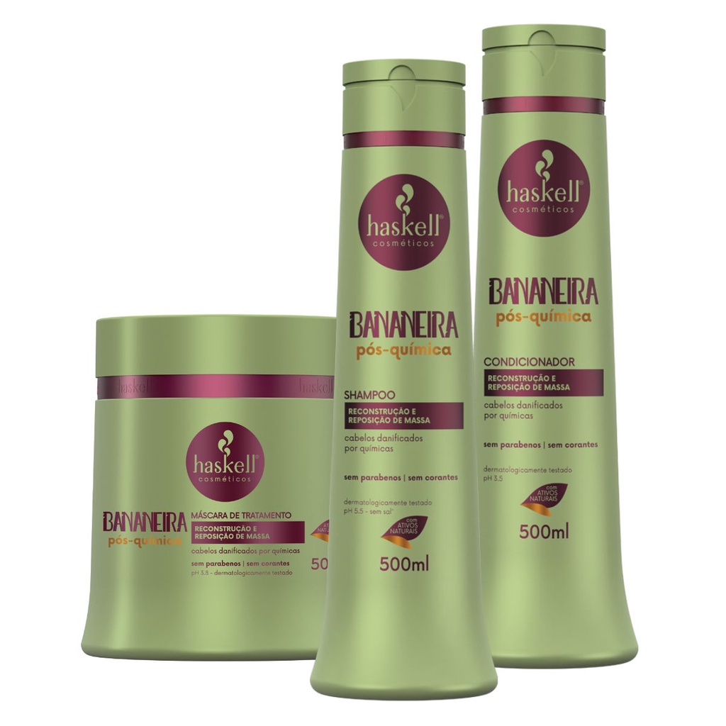 Kit Pós Quimica Bananeira Shampoo Condicionador e Mascara Haskell (M) | Shopee Brasil