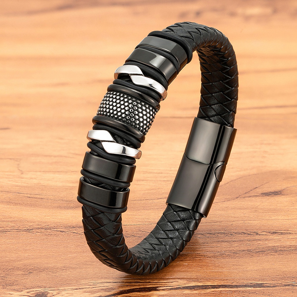 Moda Pulseiras De Couro Preto Trançada Para Homens Estilo Clássico Aço ...