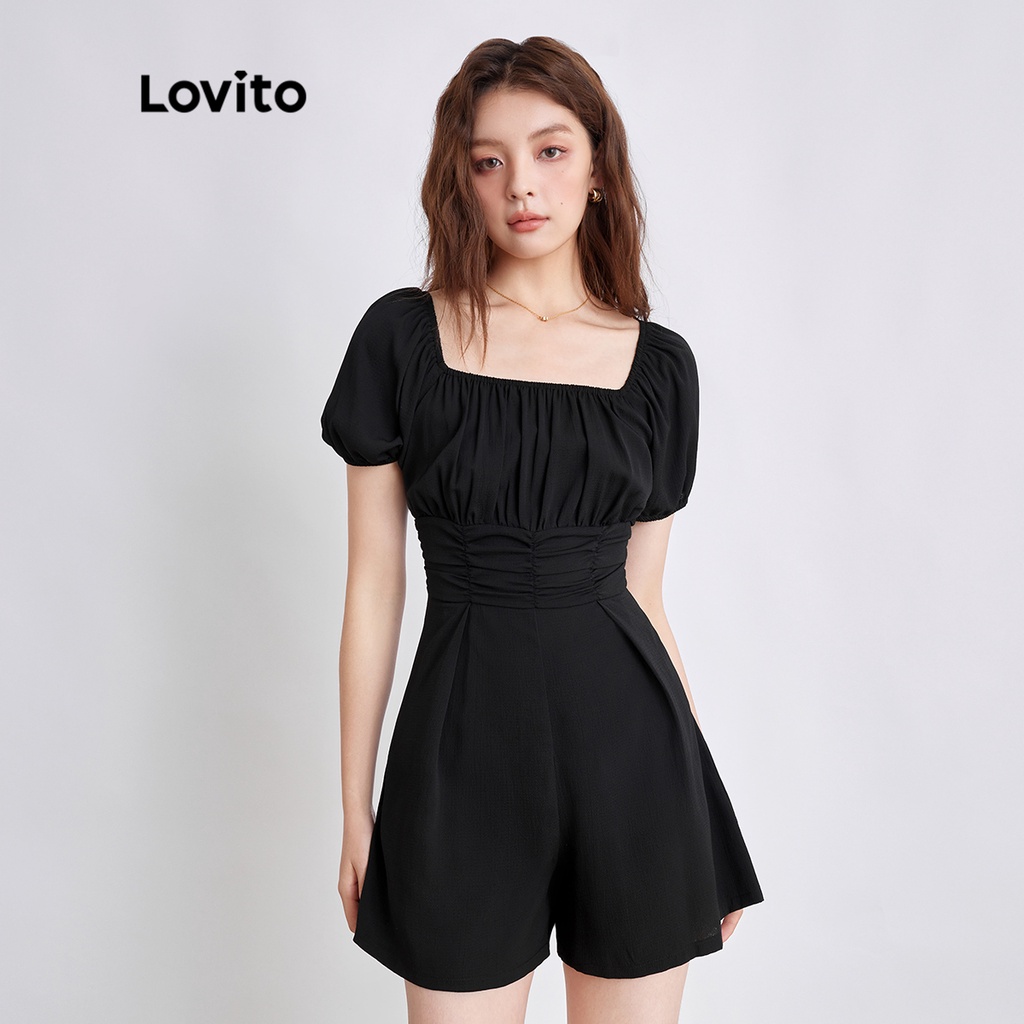 Lovito Macacão Feminino Casual Com Gola Elástica Mangas De Swiss Ombro