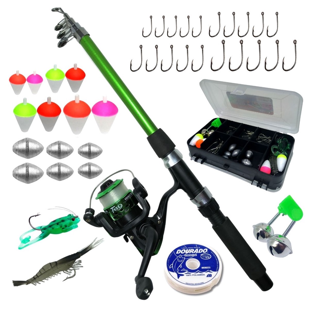 Kit De Pesca Completo e Barato 1 Vara Fibra de Vidro Leve + 1 Molinete Ultra Light e Estojo Com ...