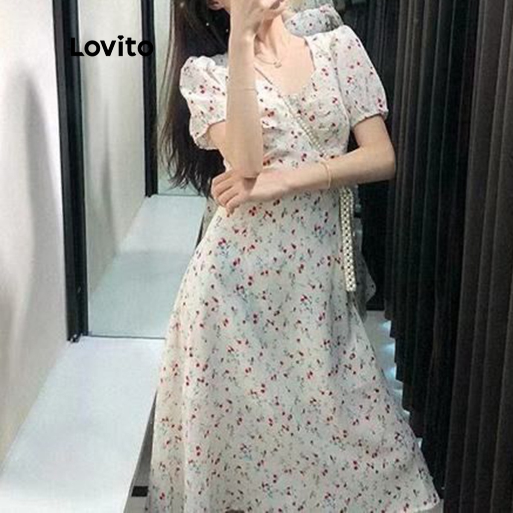 Lovito Vestido Feminino Casual Floral Franzido Com Botão Frontal E