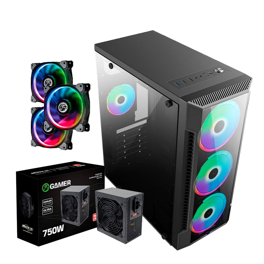 Gabinete Gamer + Fonte 750w Real + Kit 3x Cooler Gamer ARGB - Brazilpc ...
