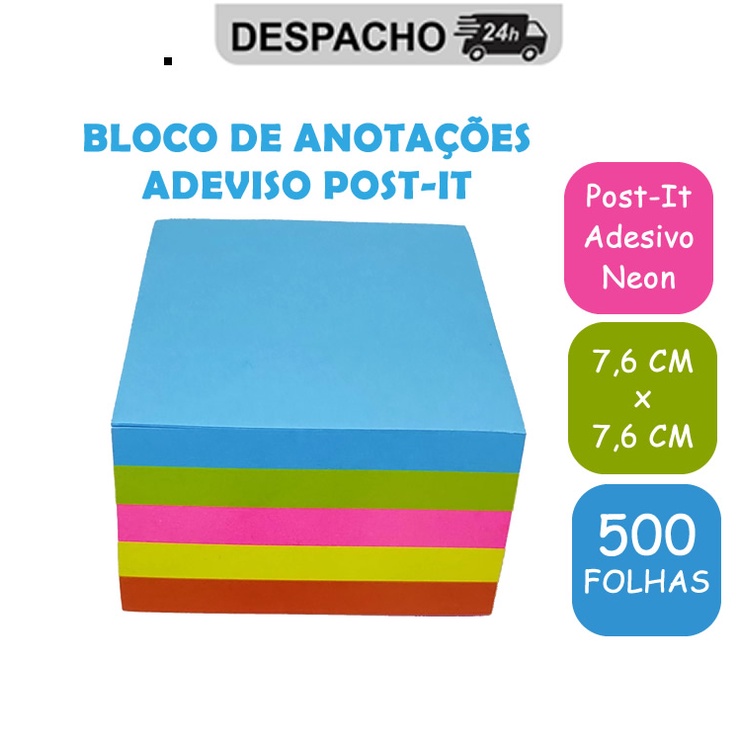 Bloco de Notas Adesivo Post it 500 Folhas 76mm x 76mm Neon Colorido ...