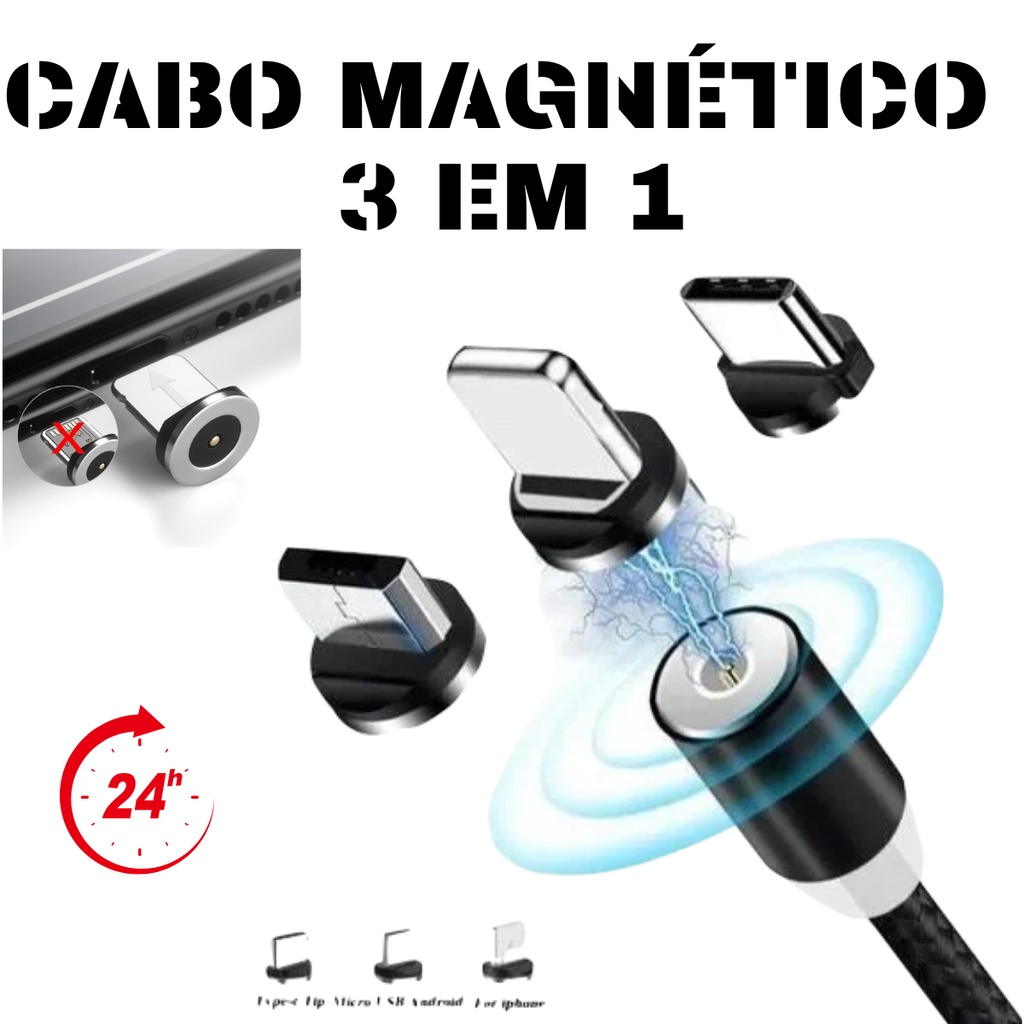 Cabo Carregador Magnético USB Lightning Ponta 3 Em 1 Compatível Para iOS Android Tipo C ...